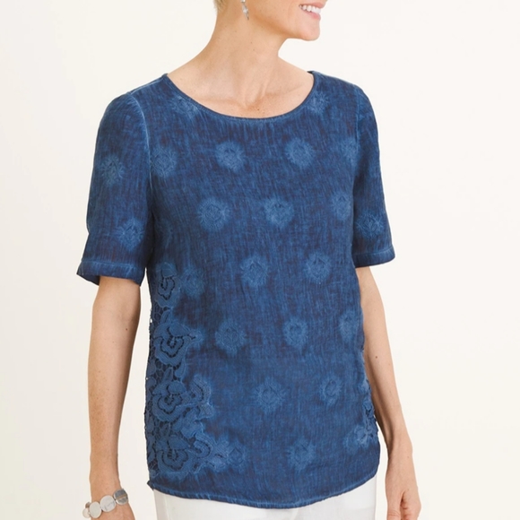 Chico's | Tops | Chicos Linen Embroidered Lace Trim Dyed Top | Poshmark